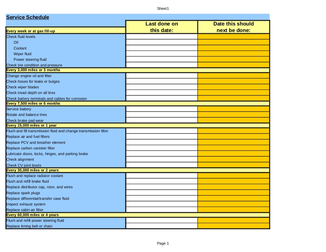 Car Service Maintenance Schedule Excel Spreadsheet Software 